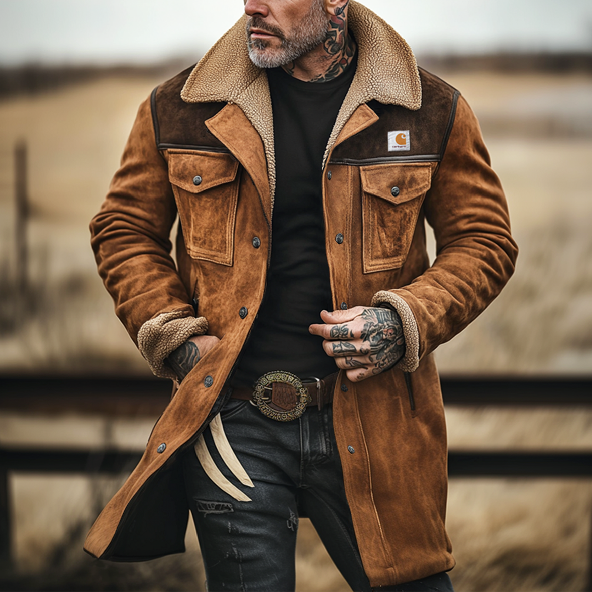 Men's Ch Vintage Suede Jacket Patchwork Lamb Fleece Multi-Pocket Rever